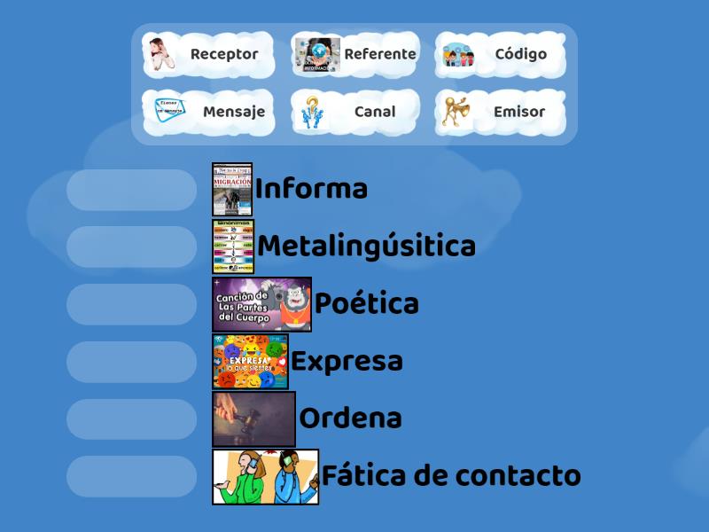 UNE LOS ELEMENTOS DEL LENGUAJE CON LAS FUNCIONES DEL LENGUAJE - Match up