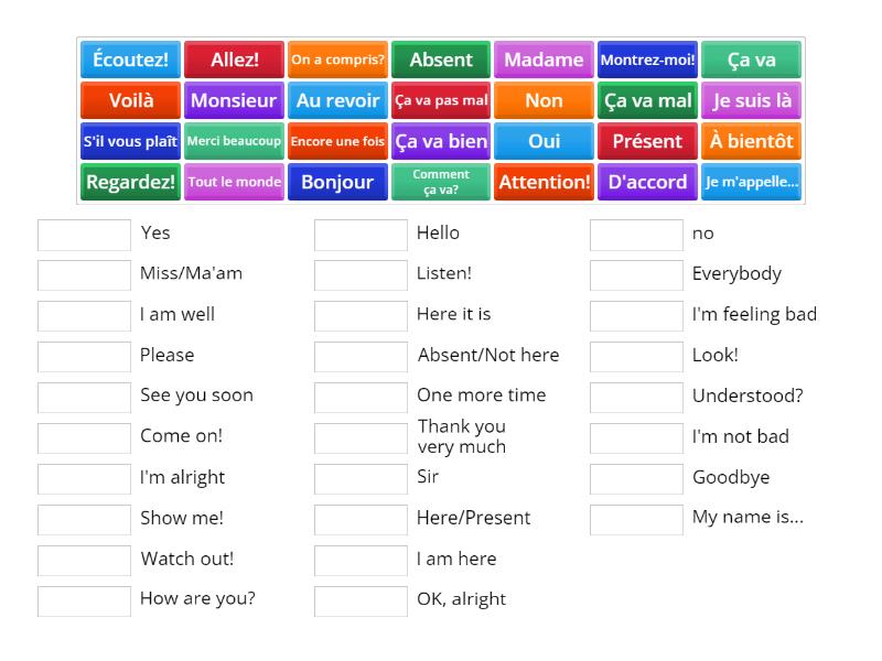 French Greetings and Classroom Phrases - Match up