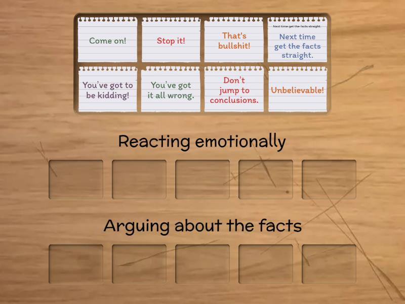 Phrases for reacting emotionally and arguing about the facts - Group sort