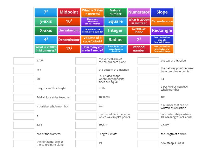 First Year Maths Revision - Match up