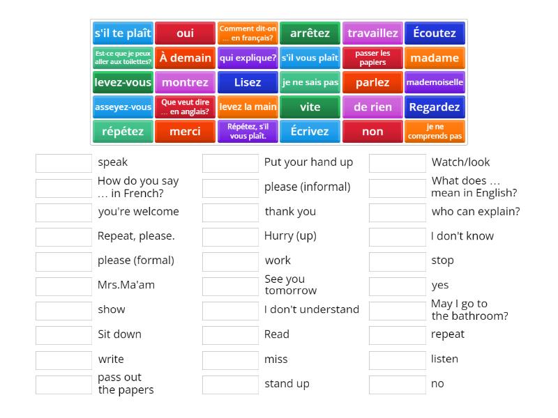 French classroom commands - Match up