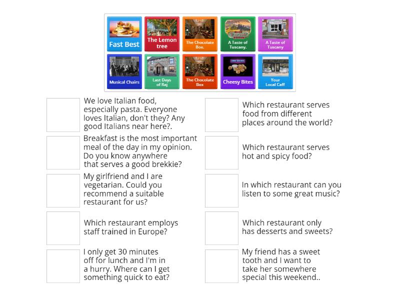 CELTA Reading Task - Reastaurants - Match up