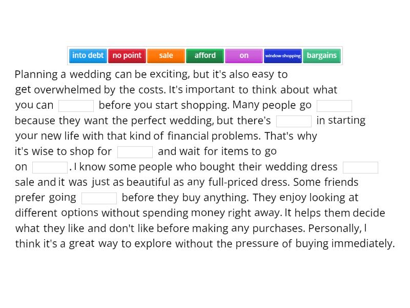 Wedding shopping hw - Complete the sentence