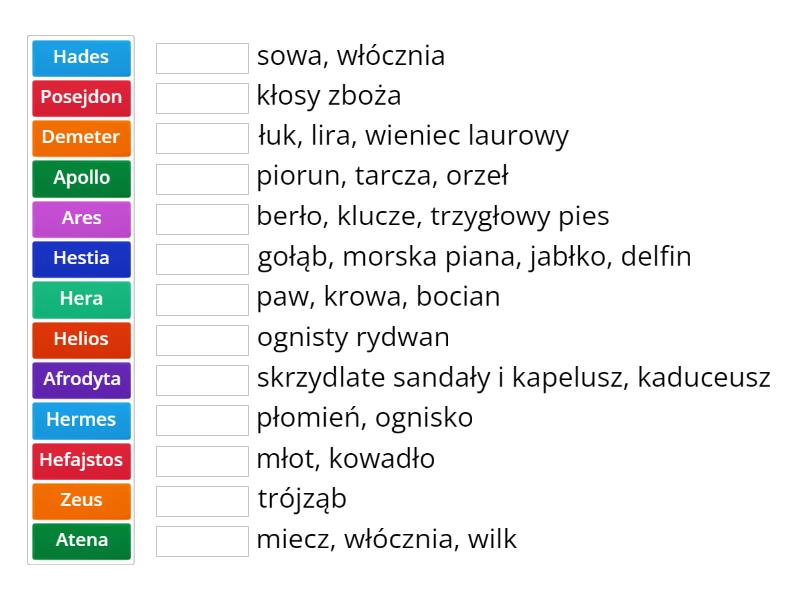 Greccy bogowie i ich atrybuty - Połącz w pary