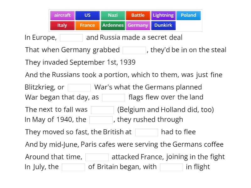 The World War II Song Activity - Complete the sentence