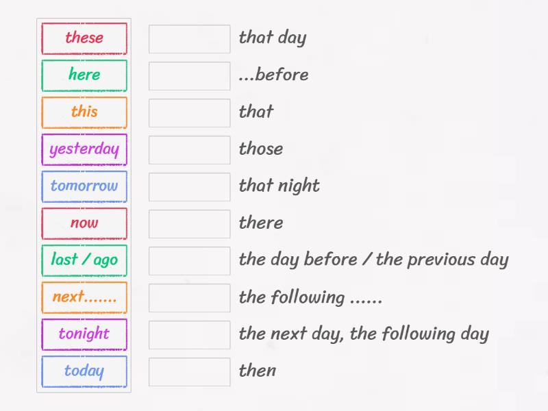Reported speech: time and place words - Match up