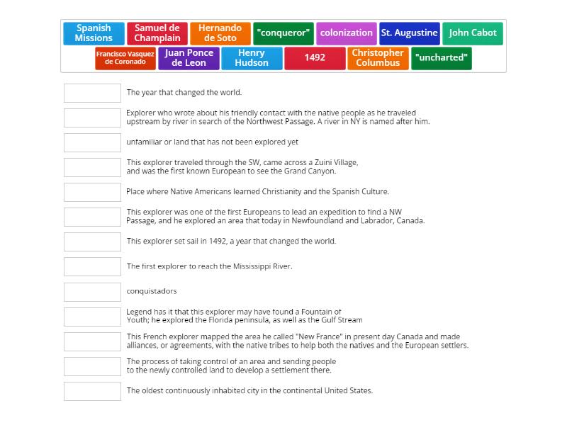 Review for European Exploration test grade 3 ckla - Match up