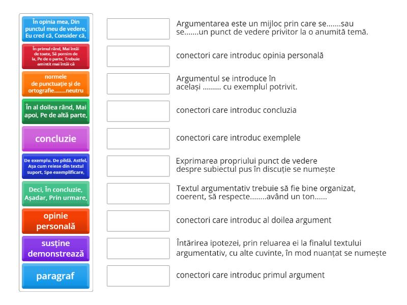 Textul argumentativ - structură și conectori - Match up