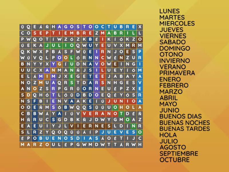 Dias, meses, estaciones, saludos. - Sopa de letras