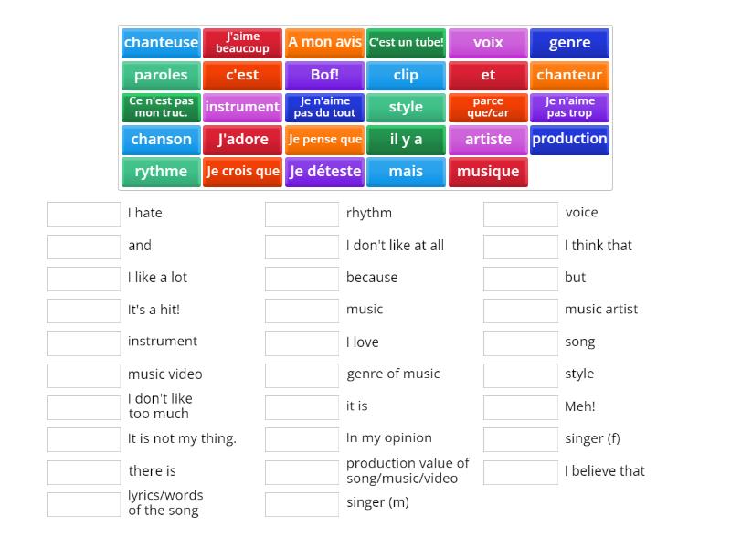 Vocabulaire et phrases pour parler de la musique - Match up