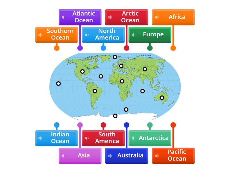 Continents and Oceans Practice Game 1 - Labelled diagram