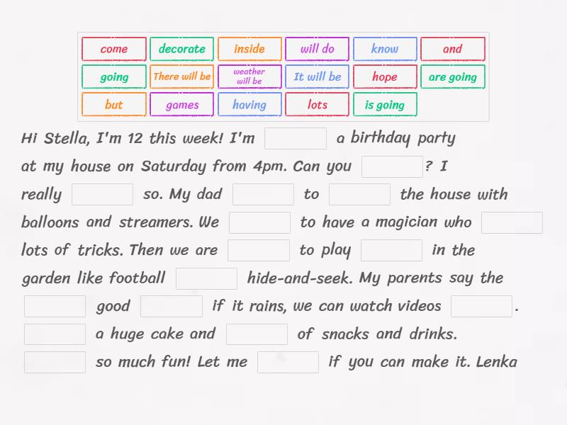 Invitation to a birthday party - Complete the sentence