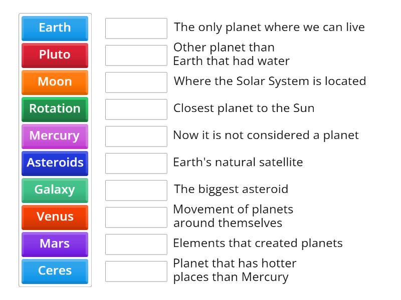 Characteristics of planets and the Solar System - Сопоставить