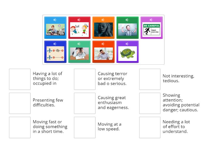 Adjectives BORING, BUSY, CAREFUL, DIFFICULT, EASY, EXCITING, QUICK ...