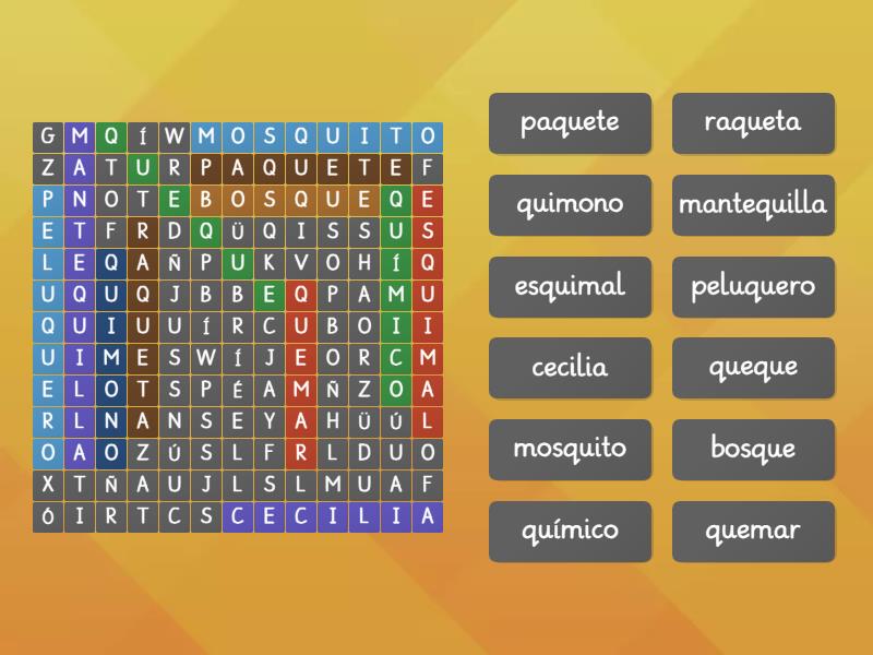 Sopa de letras palabras con QUE QUI - Mencari Kata