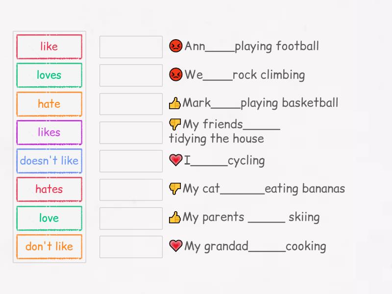 like/love/hate/don't like/doesn't like + ing - Match up