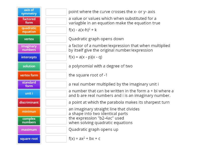 quadratic equation vocabulary -- - Match up