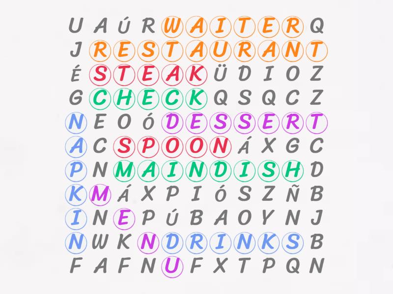 Restaurant vocabulary - Wordsearch