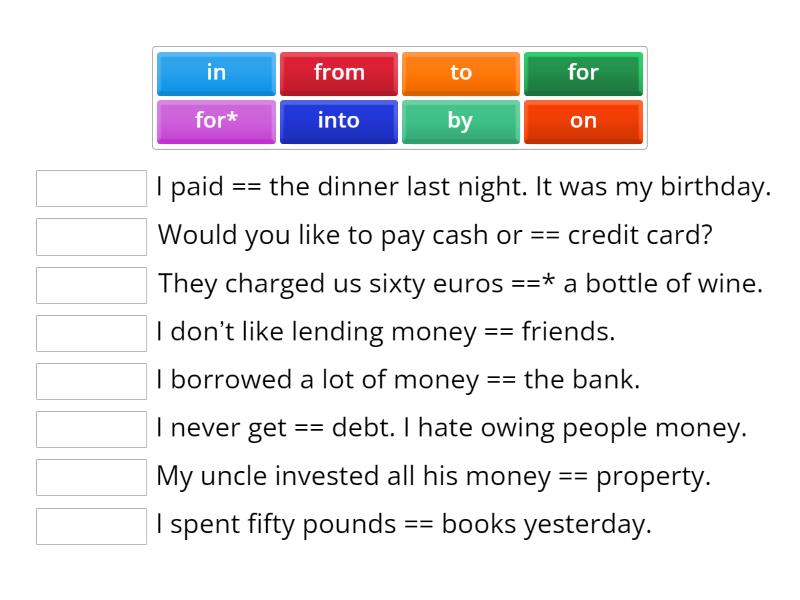 EF int 2A money prepositions - Match up