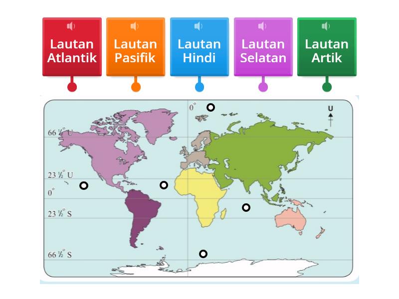 Menunjukkan kedudukan 5 lautan pada peta dunia - Labelled diagram