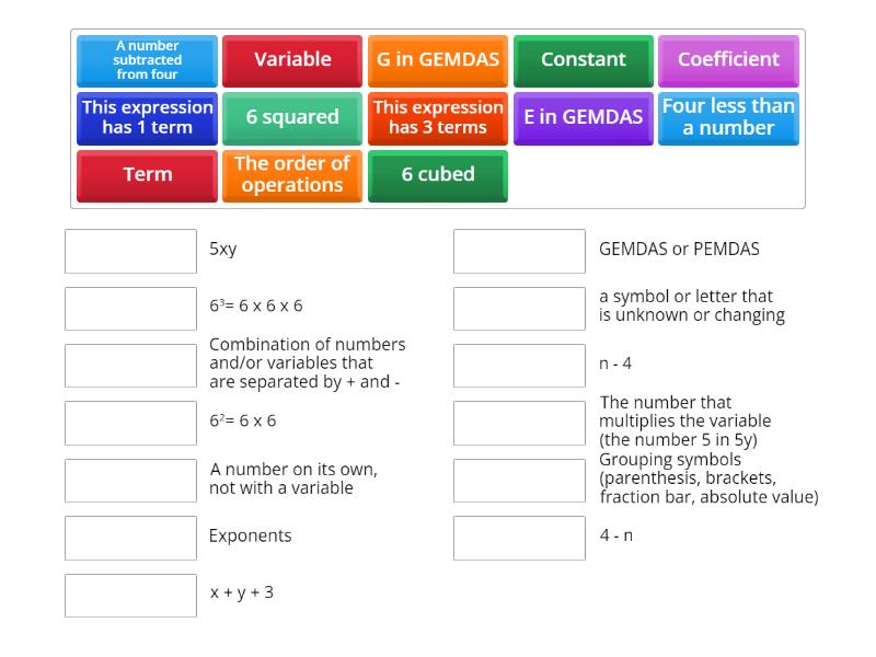 Unit 5 Algebraic Expressions - Match up